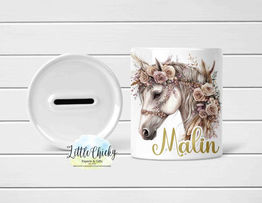 White Boho Horse Money Box, Coin Bank Sublimation Design, Center Image ...