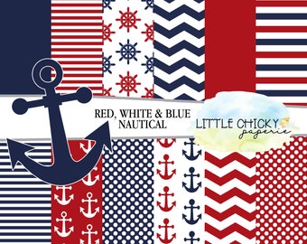 Red and Blue Nautical Digital Paper With Lobster Shark Oar - Etsy