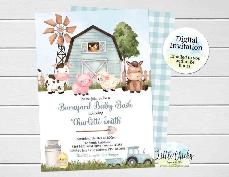 Farm Baby Shower Invitation Blue Barnyard Baby Shower - Etsy