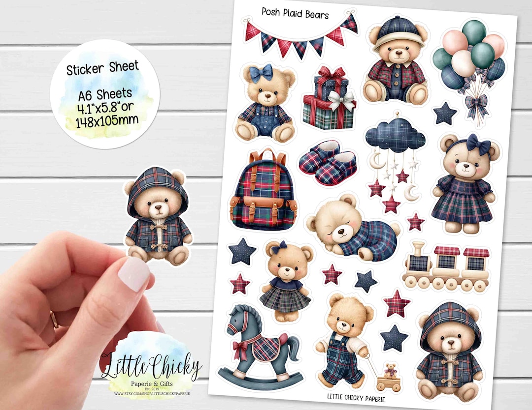 Sticker Sheet - Posh Plaid Teddy Bear Stickers, Planner Stickers ...