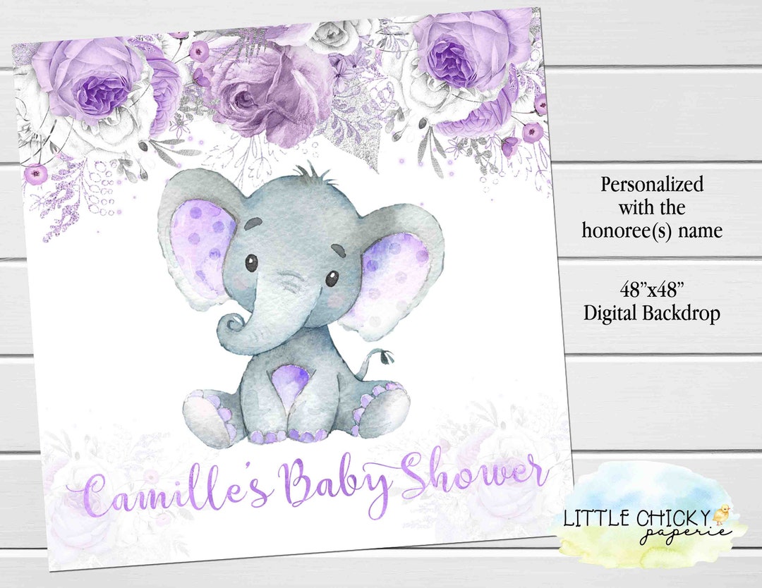 Purple Elephant Baby Shower Backdrop, Floral Elephant Digital Backdrop ...