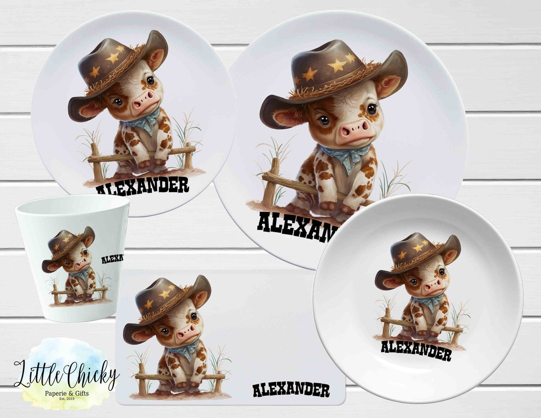 Cowboy Cow Children's Plate Set, Personalized Cow Plate, Cup, Melamine ...