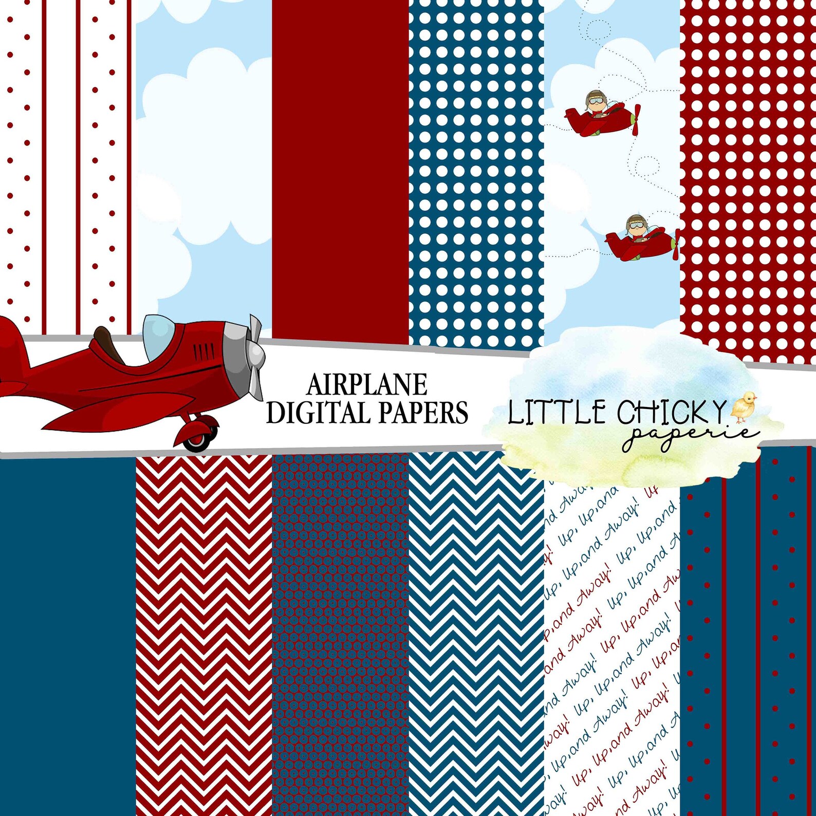 Airplane Digital Paper Set Blue Red and White Digital Paper - Etsy