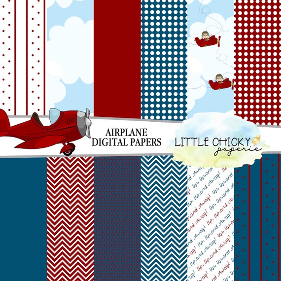 Airplane Digital Paper Set Blue Red and White Digital Paper | Etsy