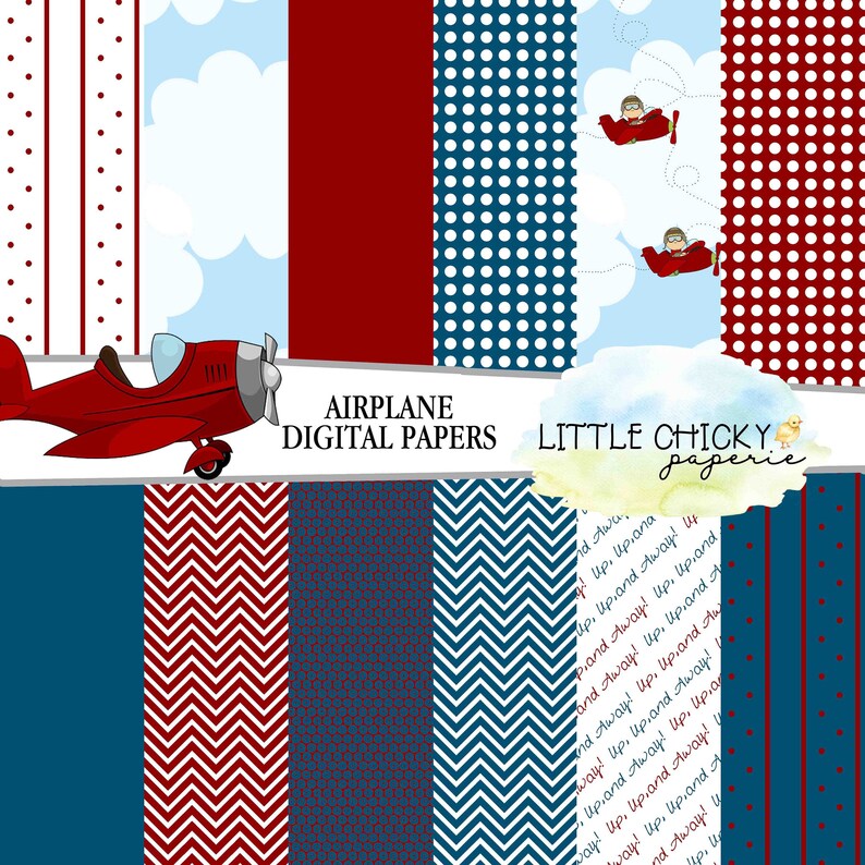 Airplane Digital Paper Set Blue Red and White Digital Paper - Etsy