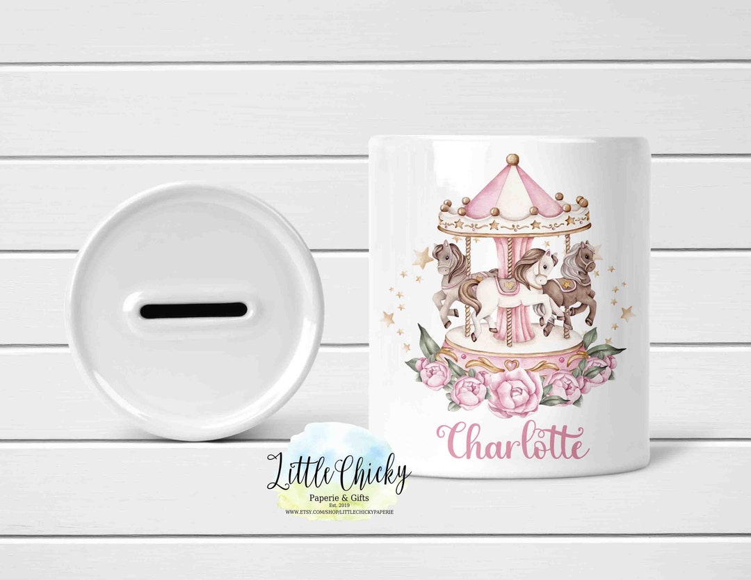Personalized Money Box With Name, Watercolor Carousel Money Box, Coin ...