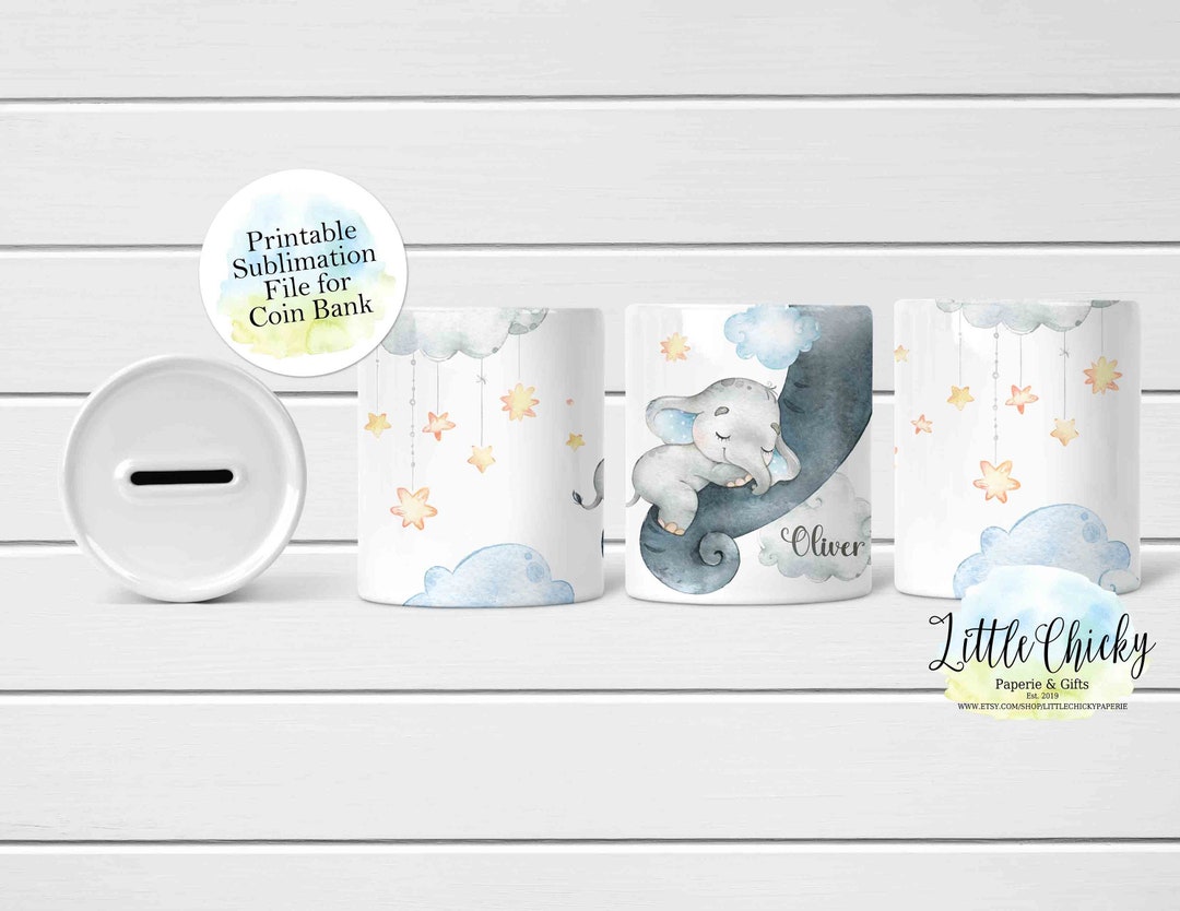 Blue Elephant Baby Money Box, Coin Bank Full Wrap Sublimation Design ...