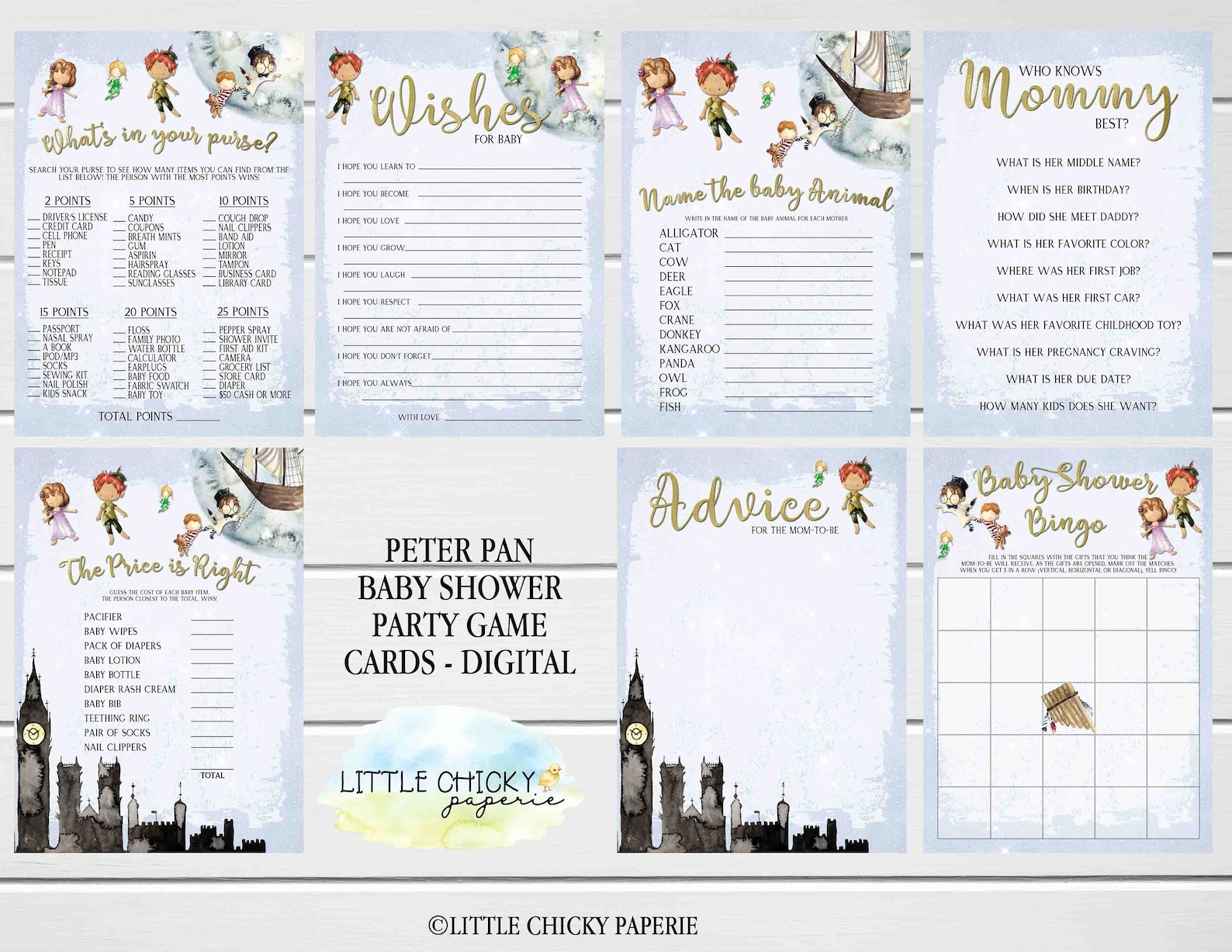 Peter Pan Baby Shower Games Bundle, Printable Baby Shower Games, Bingo ...