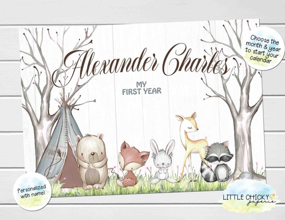 Woodland Animals Baby First Year Calendar Forest Animals | Etsy