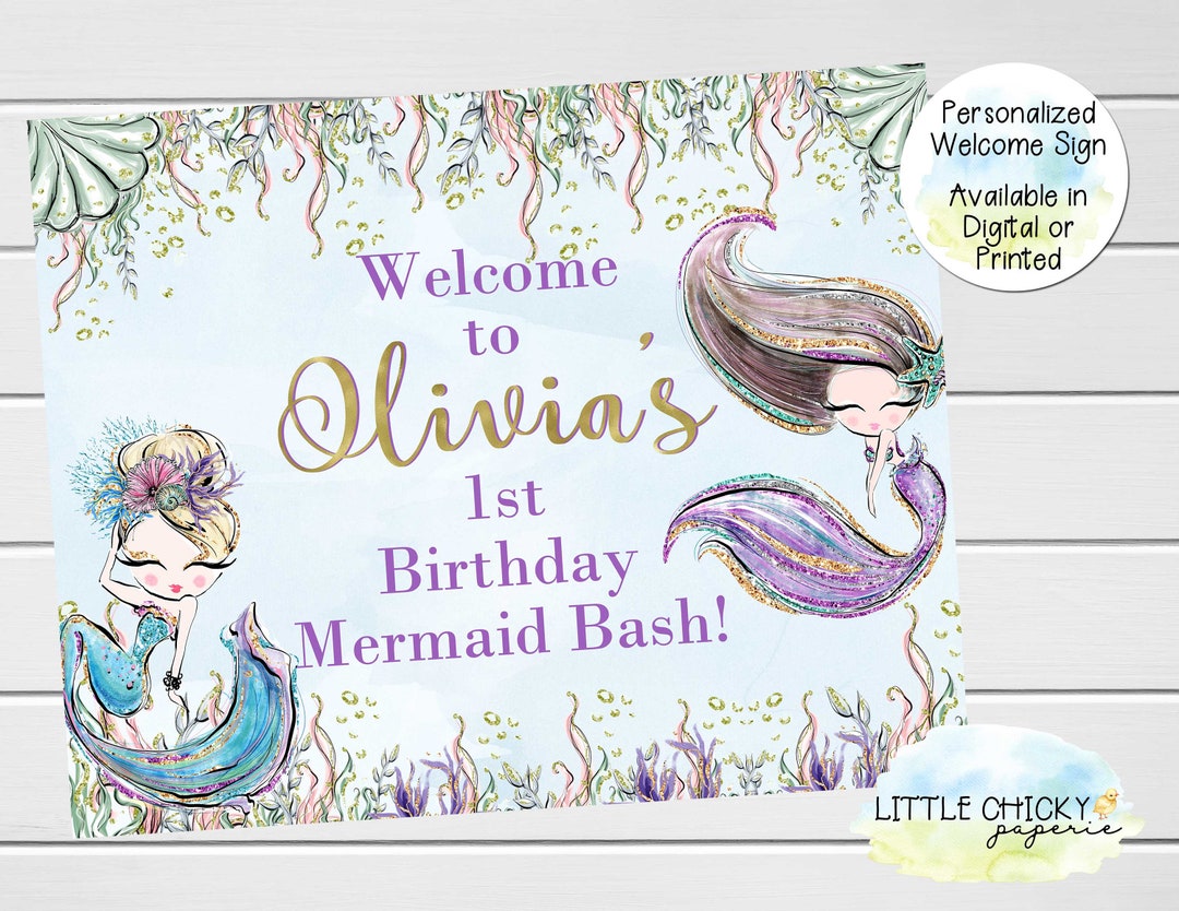 Mermaid Birthday Welcome Sign, DIGITAL Teal and Lavender Mermaid ...
