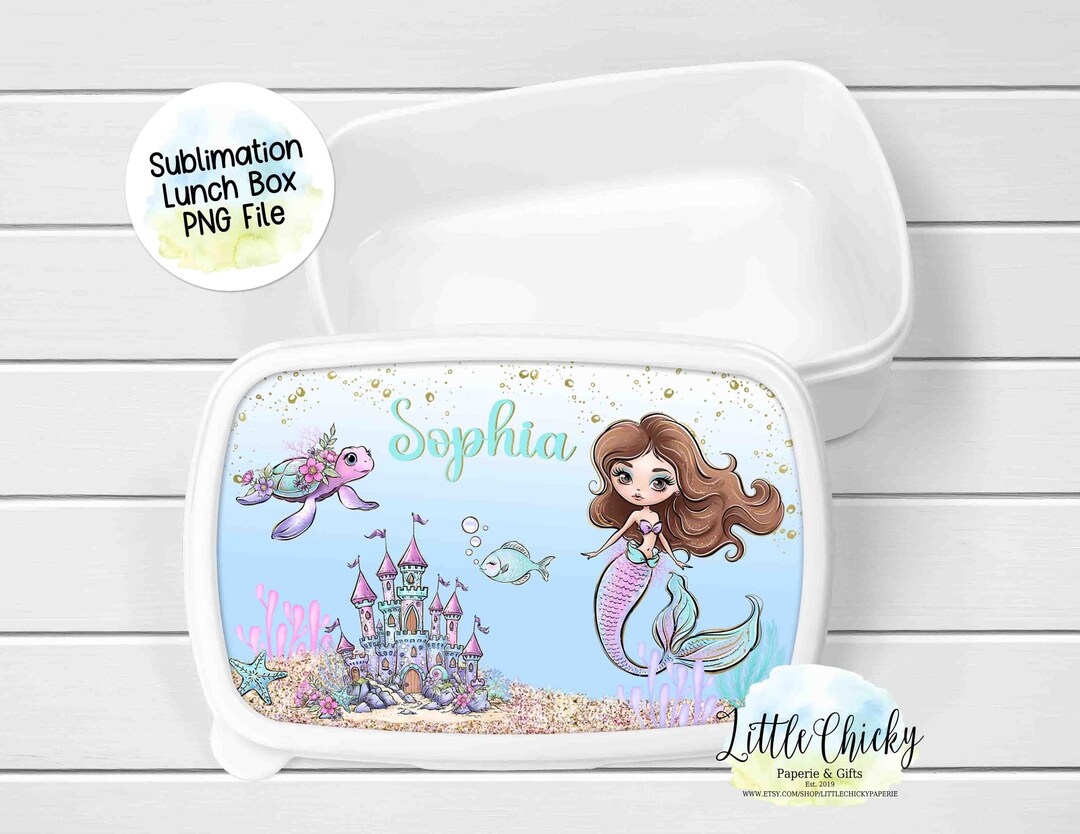 Mermaid Lunch Box Sublimation Design, Watercolor Brown Hair Mermaid ...
