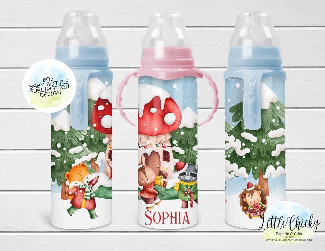 8oz Baby Bottle Sublimation Design, Woodland Animals Christmas Baby ...