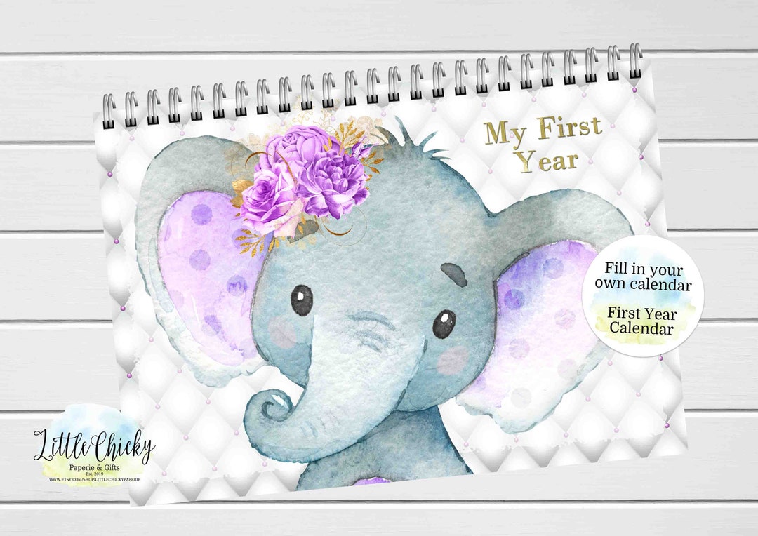 First Year Baby Keepsake Calendar, Purple Elephant First Year Calendar ...