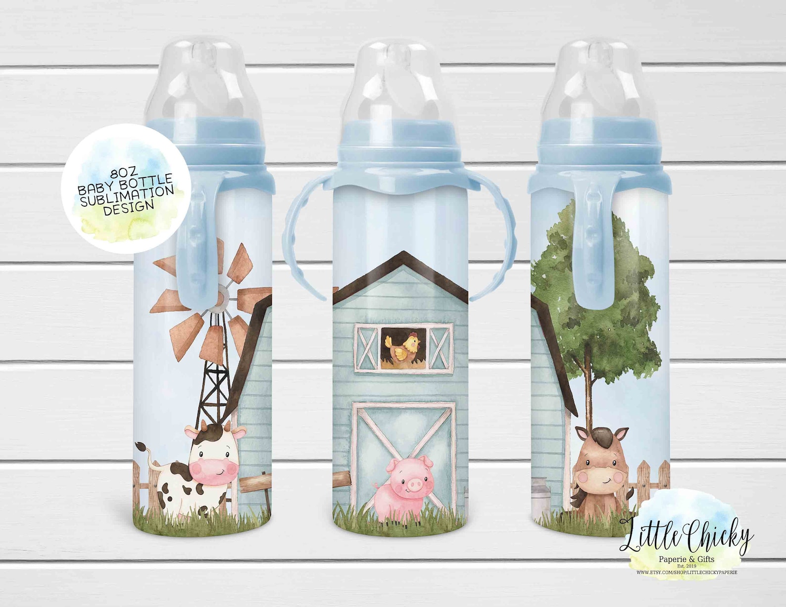 Blue Farm Animals 8oz Baby Bottle Sublimation Design Kids - Etsy