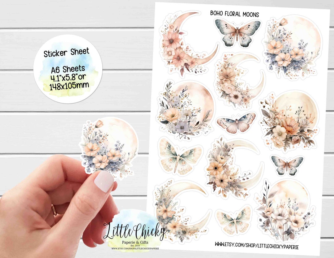 Sticker Sheet - Boho Floral Moon Stickers, Floral Moon Planner Stickers ...