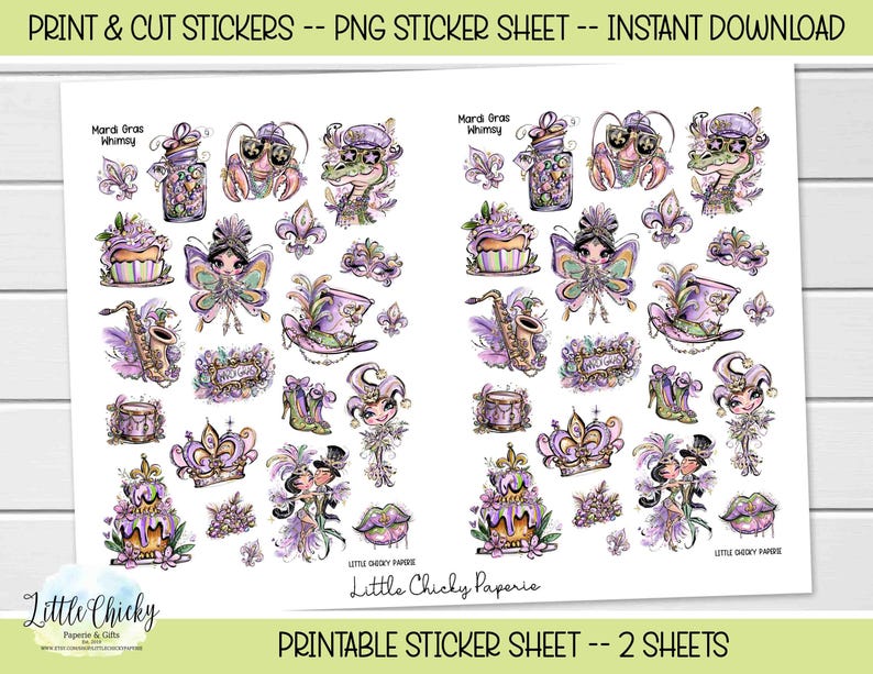 Printable Stickers - Mardi Gras Whimsy Stickers, Mardi Gras Stickers ...