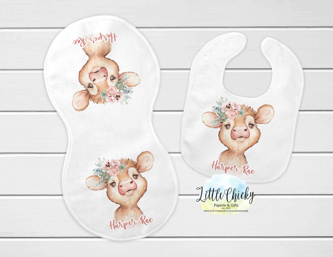 Baby Cow Sublimation Design, Pink Floral Cow Burp Cloth and Bib ...