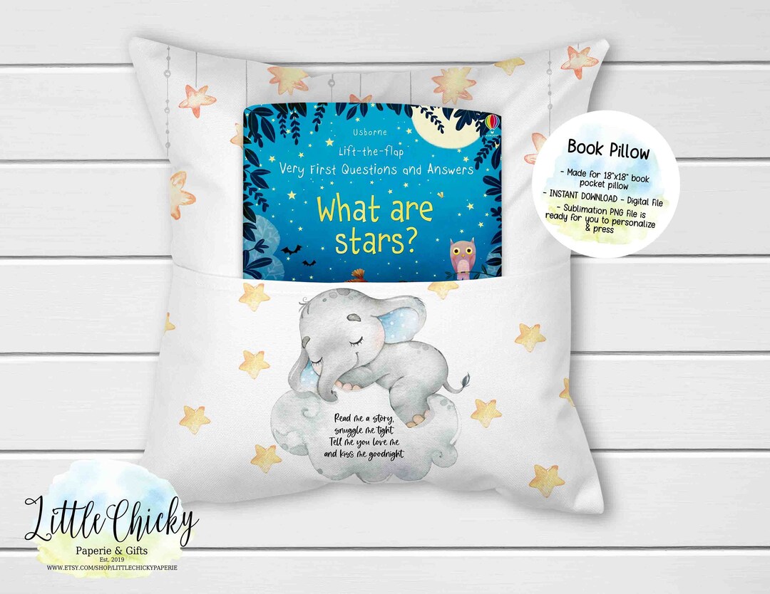 Blue Elephant Book Pillow Digital Sublimation Design, Elephant Book ...