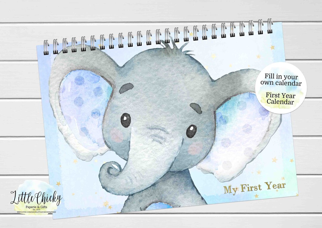 First Year Baby Keepsake Calendar, Blue Elephant First Year Calendar ...