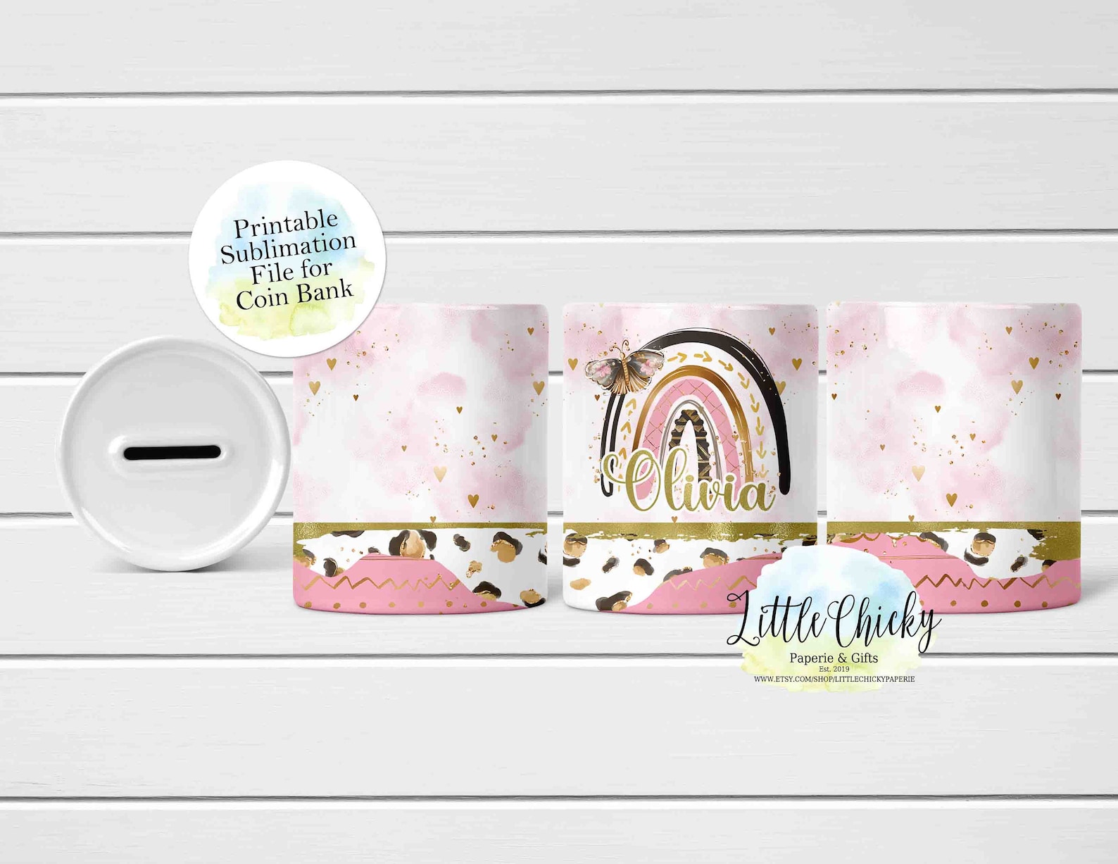 Pink Boho Rainbow Money Box, Coin Bank Full Wrap Sublimation Design ...