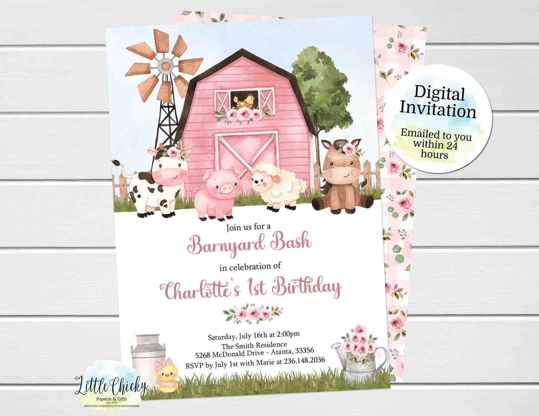 Farm Birthday Invitation, Girl Farm Birthday Invitation, 1st Birthday ...