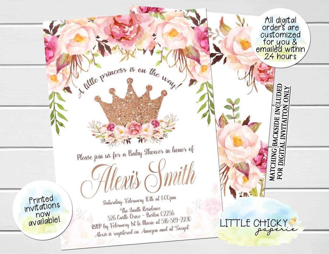 Crown Princess Baby Shower Invitation, Rose Gold Princess Floral ...