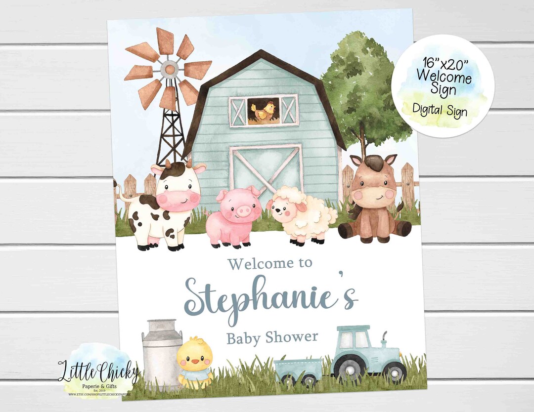Blue Farm Animals Welcome Sign, Printable Baby Shower Welcome Sign ...