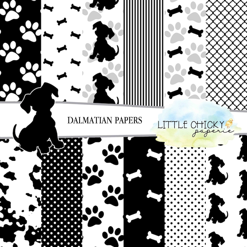 Black & White Dalmatian Digital Paper Set, Dalmatian Dog Digital Paper ...