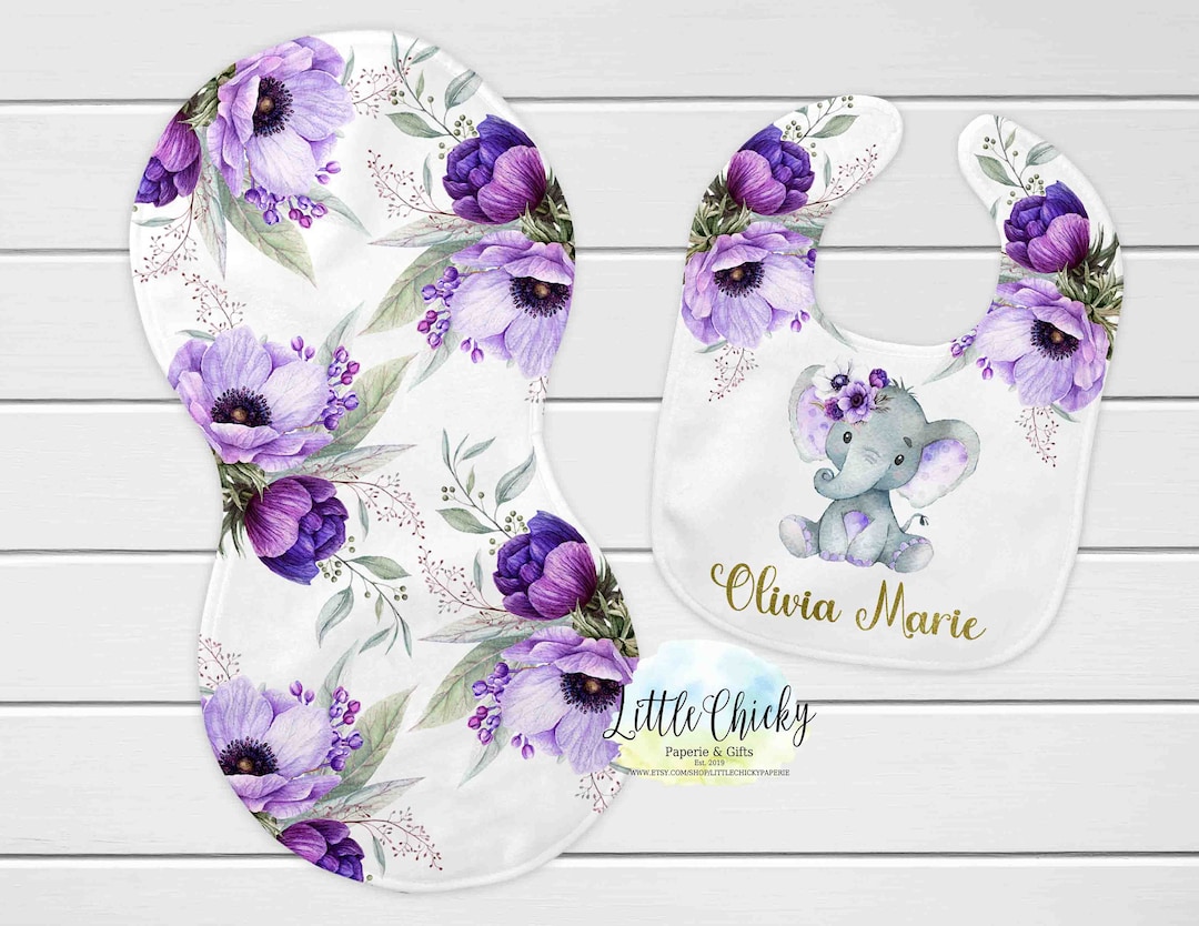 Purple Elephant Sublimation Design, Floral Elephant Burp Cloth and Bib ...