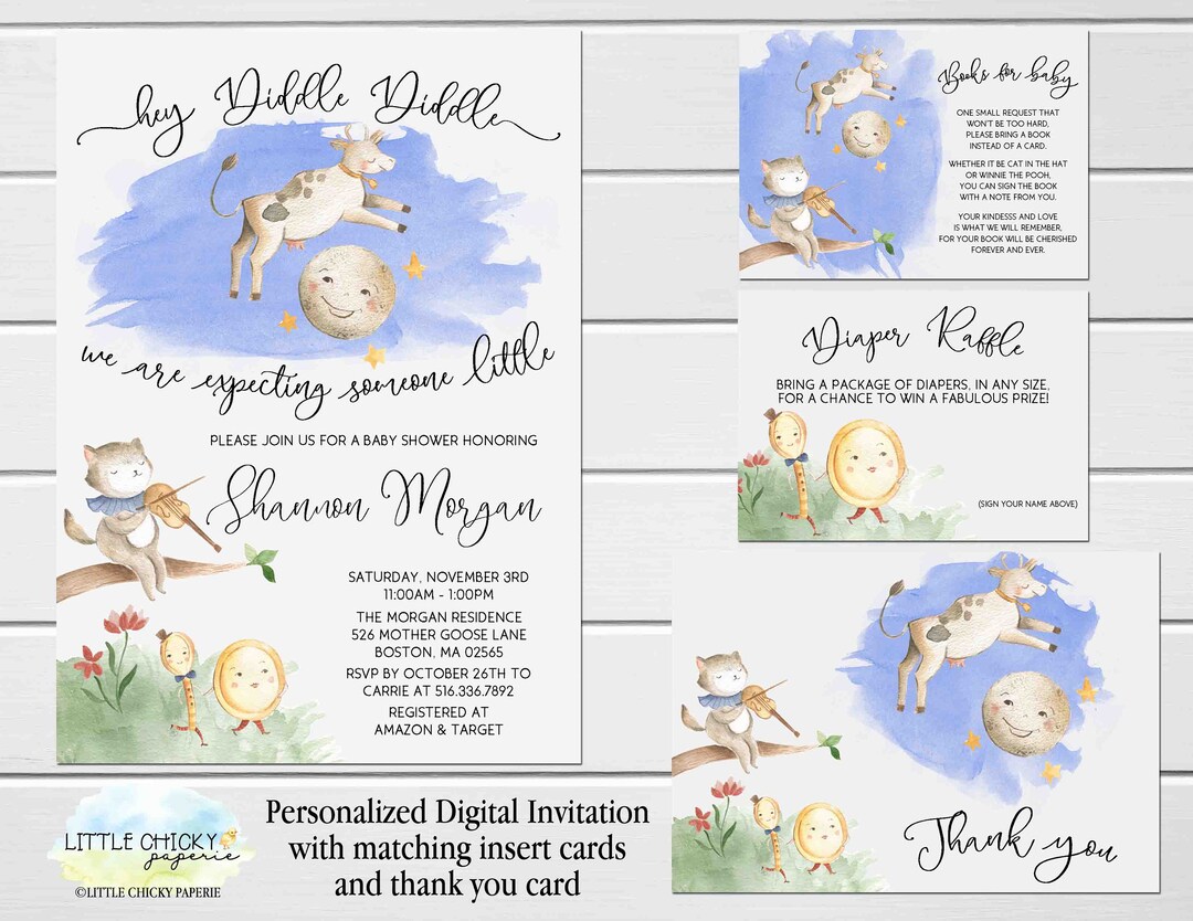 Nursery Rhyme Hey Diddle Diddle Baby Shower Invitation Set With Thank ...