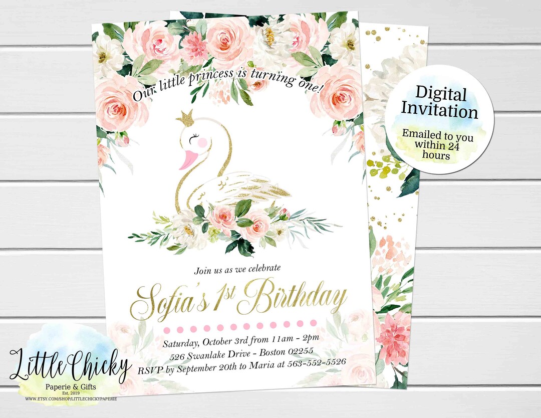 Pink and Gold Swan Birthday Invitation, Floral Birthday Swan Invitation ...