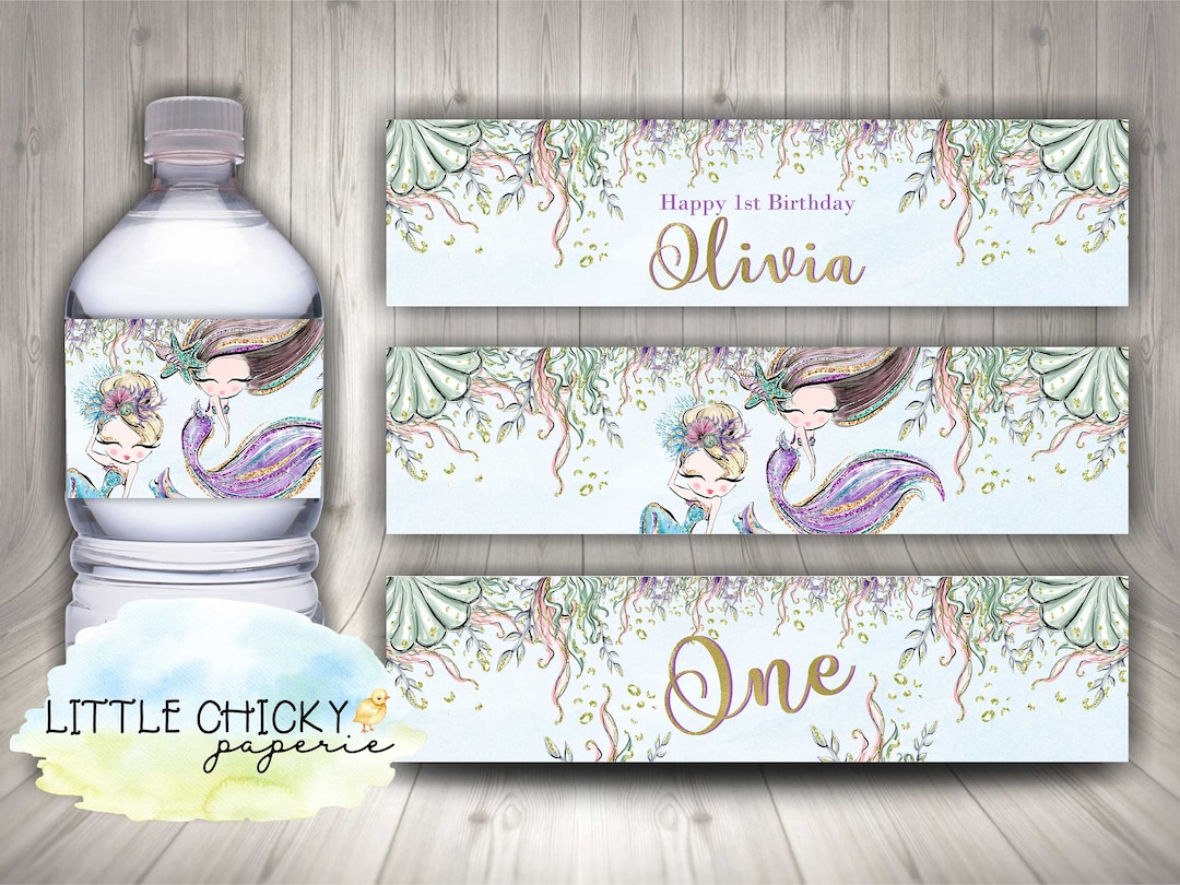 Mermaid Birthday Water Bottle Wrappers, First Birthday Under the Sea ...