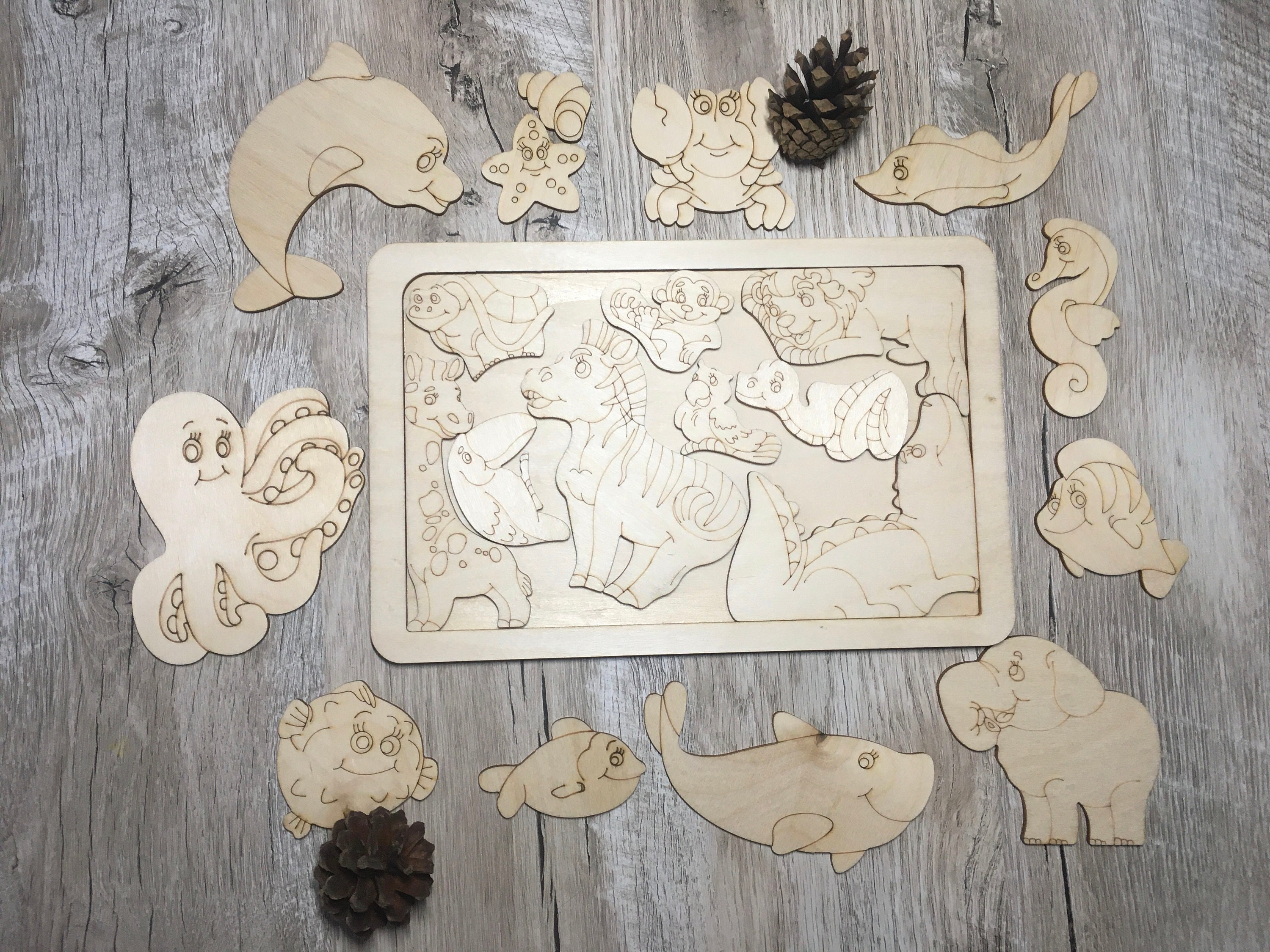 Wooden Animal Coloring Set: Natural Wood Toys, Kids Craft Gift - Etsy