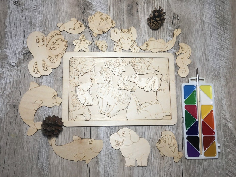 Wooden Animal Coloring Set: Natural Wood Toys, Kids Craft Gift - Etsy
