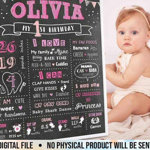 Girl First Birthday Chalkboard Sign 1st Birthday Poster 1st - Etsy