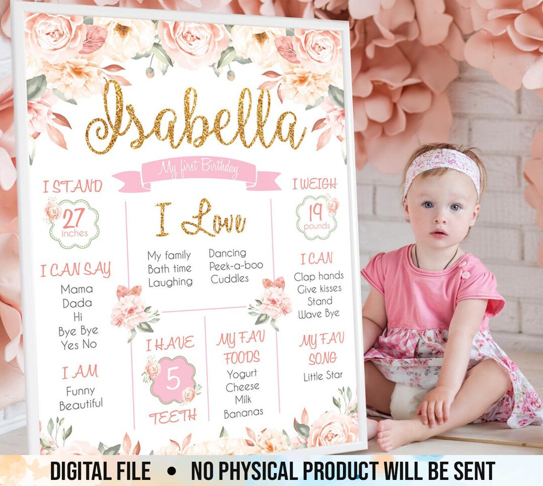 First Birthday Poster, Printable 1st Birthday Girl Sign Board, Floral ...