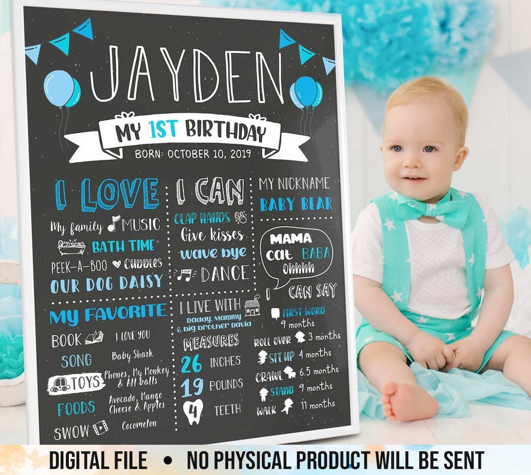 Printable 1st Birthday Boy Board, First Birthday Chalkboard Sign, One ...