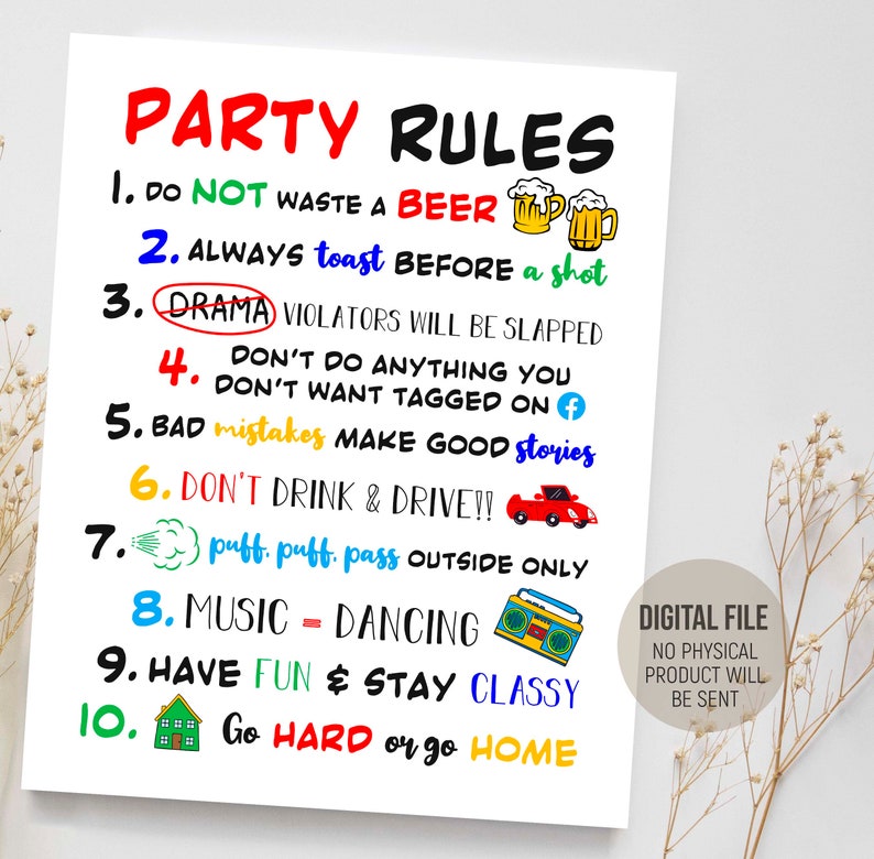 Printable Funny Party Rules Poster Birthday Decorations Beer - Etsy