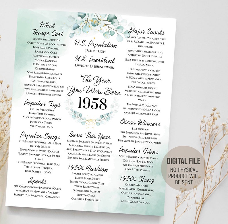 1958 the Year You Were Born Fun Facts Poster 65th Birthday - Etsy