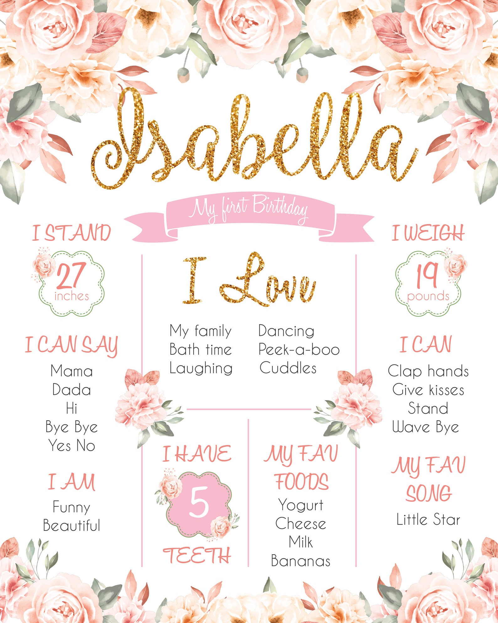 First Birthday Poster Printable 1st Birthday Girl Sign Board | Etsy