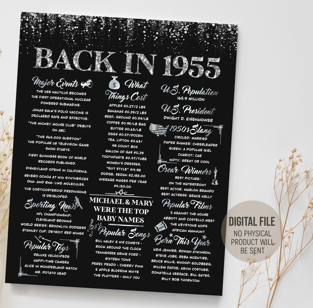 Back in 1955 Fun Facts Poster, Silver & Black Party Decoration ...