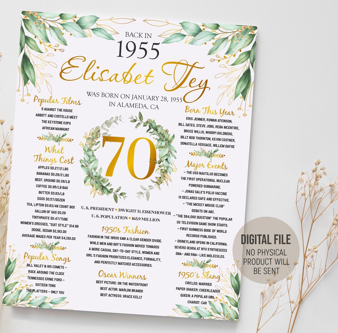 70th Birthday Poster, Back in 1955 Fun Facts Sign, Party Decorations ...