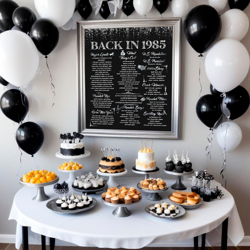 Back in 1985 Fun Facts Poster, Silver & Black Party Decoration ...