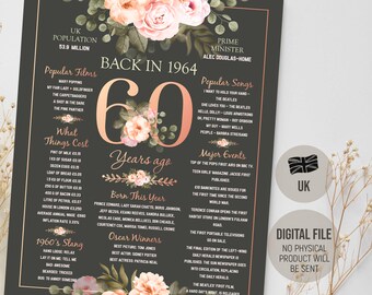 60th Birthday Poster Printable, 60 Birthday Board, 1964 Birthday Poster ...
