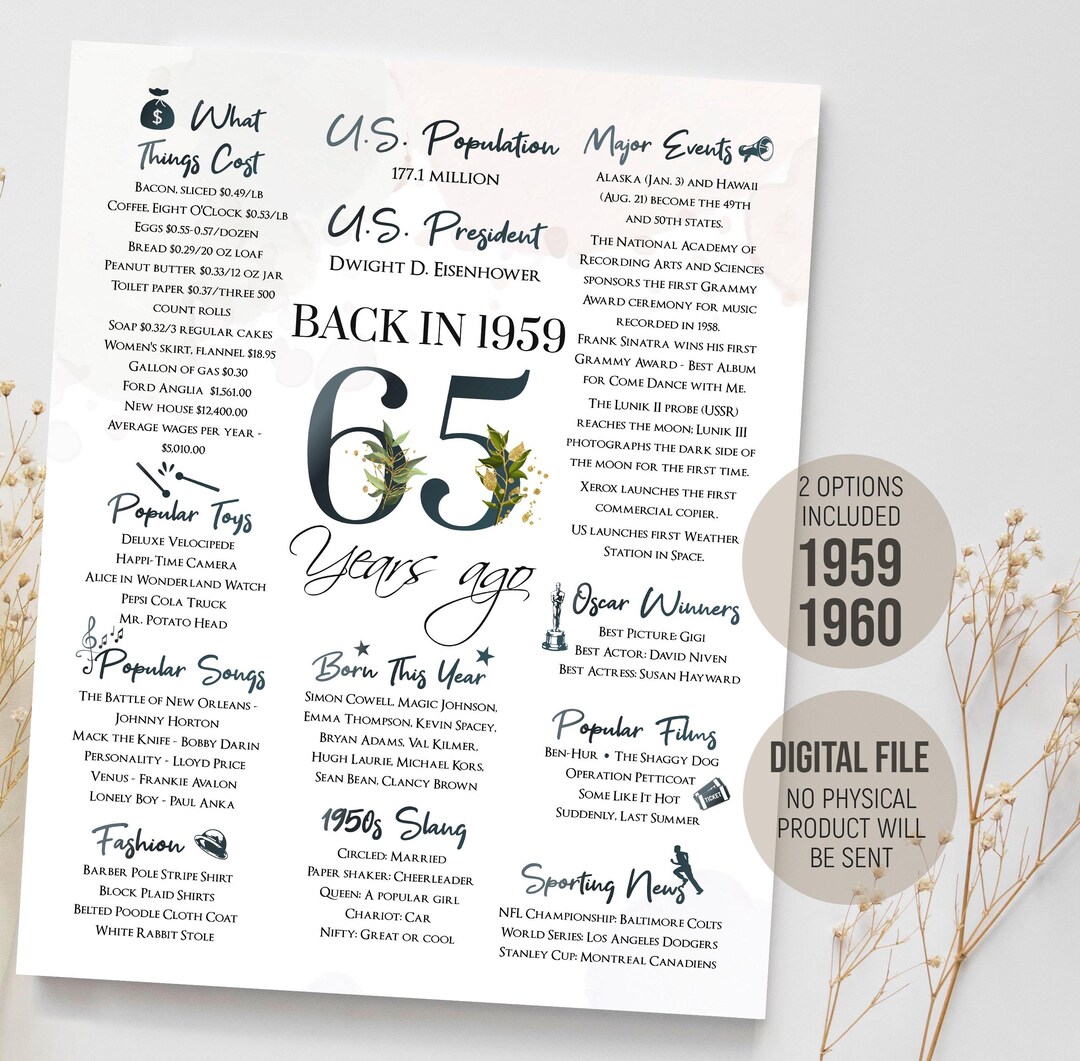 65th Birthday Gift, Back in 1959 1960 in Review Poster, 65 Years Ago ...