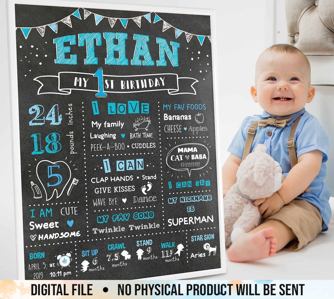 Boy First Birthday Board, 1st Birthday Chalkboard Sign, Customized One ...