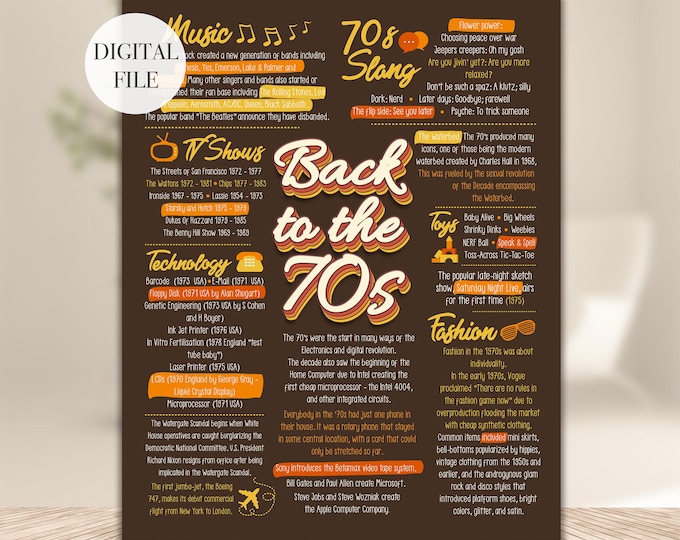 70s Theme Party Decoration, Back to the 1970s Fun Facts Birthday Poster ...