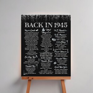Back in 1945 Fun Facts Poster, Silver & Black Party Decoration ...