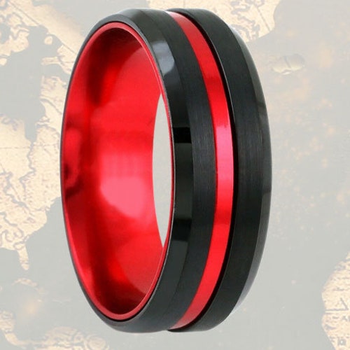 Red & Black Tungsten Ring Mens Wedding Band Thin Red Line - Etsy
