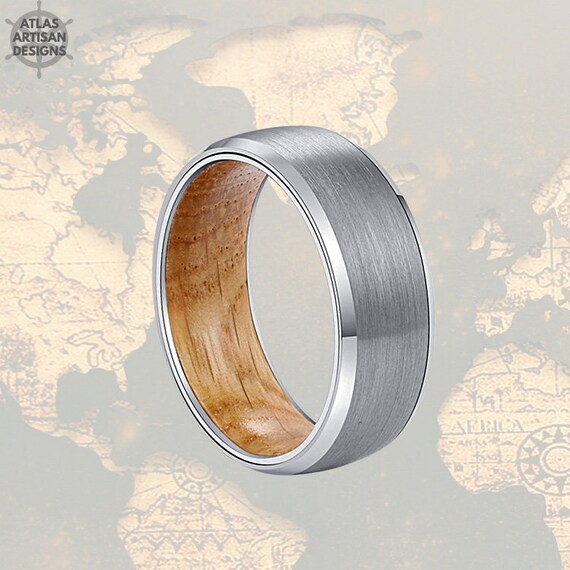 Beveled Silver Whiskey Barrel Ring Mens Wedding Band Wood | Etsy